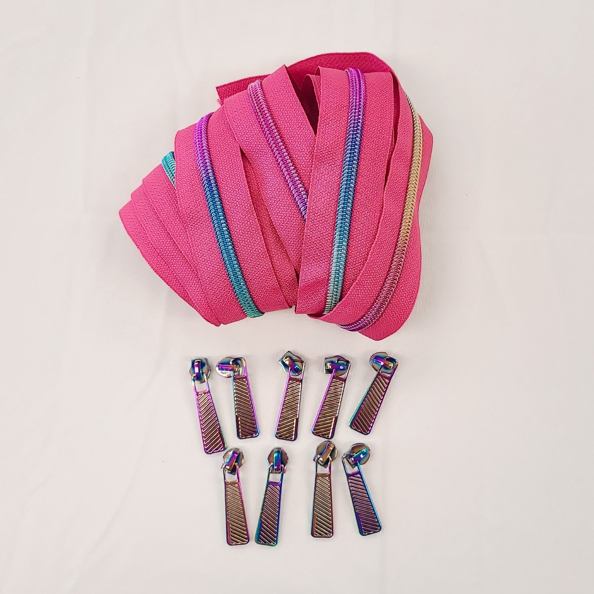 #5 Pink Zipper with Rainbow Teeth | 3 Yards Continuous Tape + 9 Rainbow ...